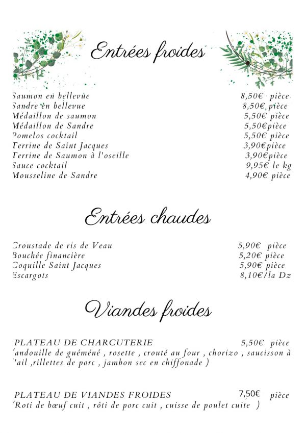 Carte des entrées chaudes et froides - Aux Harmonies Des Saveurs