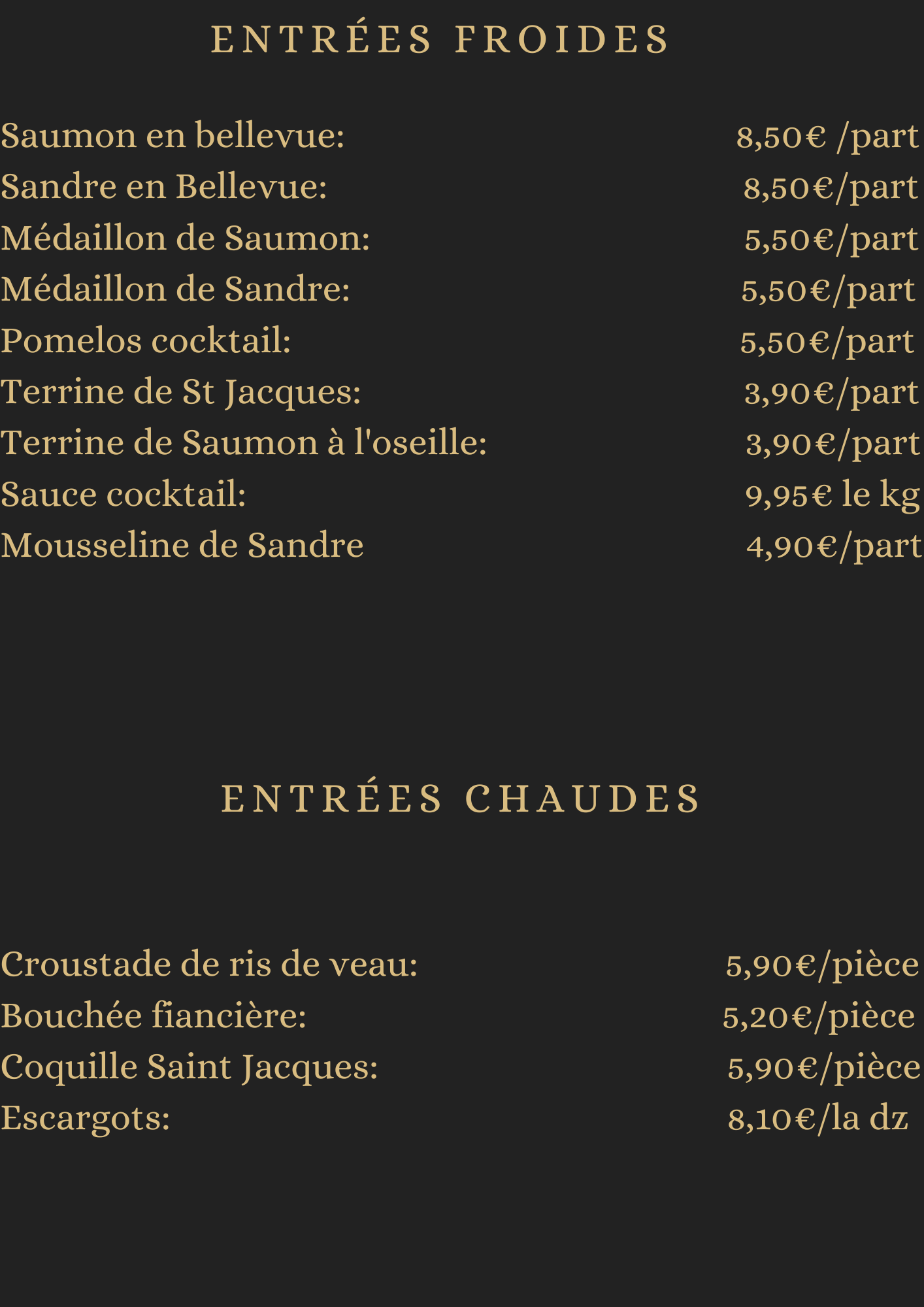 Carte des entrées chaudes et froides - Aux Harmonies Des Saveurs